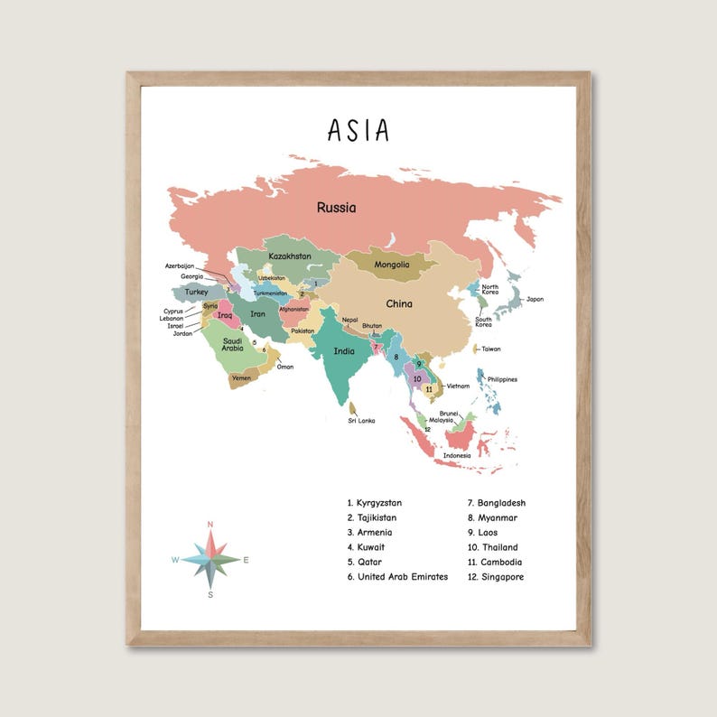 Asia Map Poster, Digital Asia Map Full Color With States Printable ...