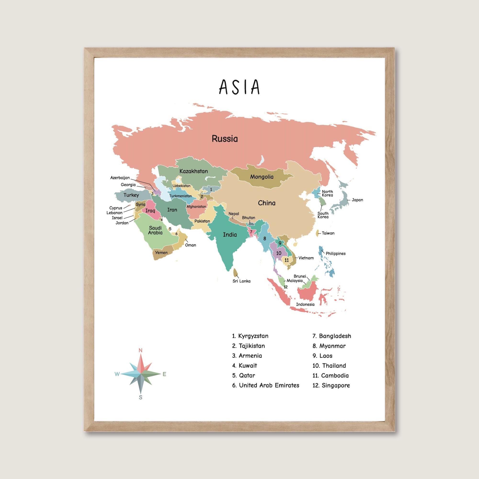 Asia Map Poster, Digital Asia Map Full Color With States Printable ...