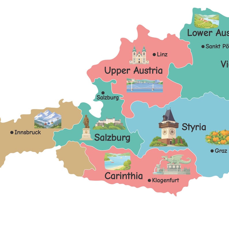 Austria Illustrated Map Printable With States and Capitals Colorful ...