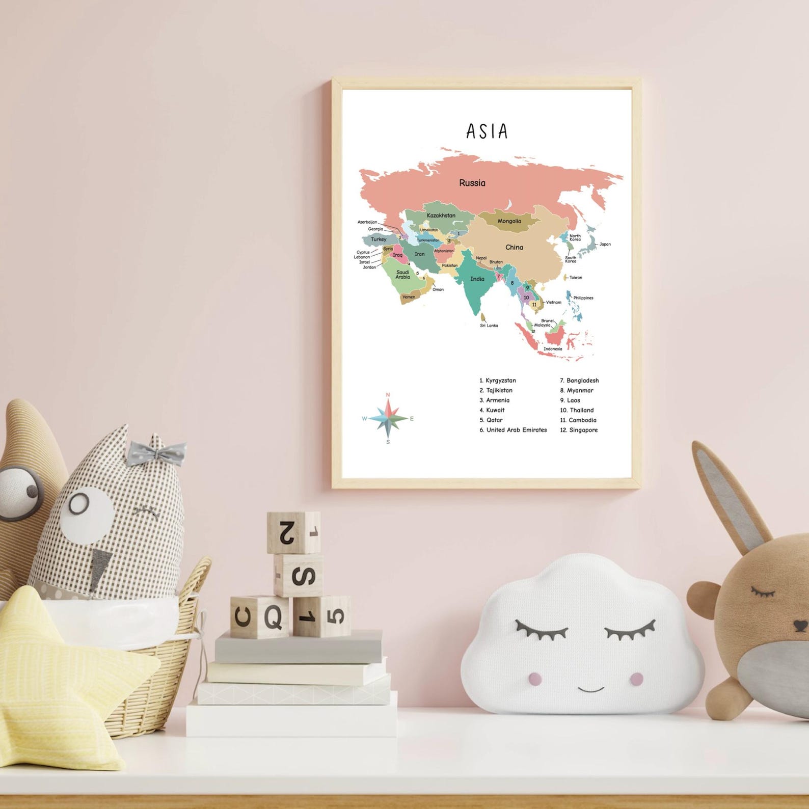 Asia Map Poster, Digital Asia Map Full Color With Countries Printable ...