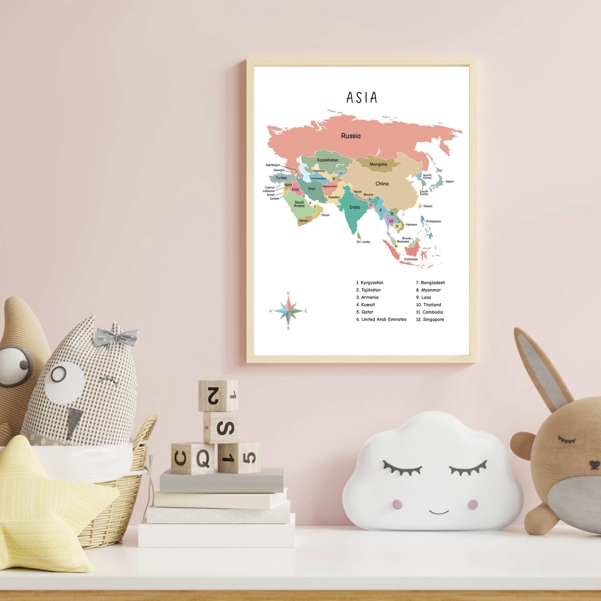 Asia Map Poster, Digital Asia Map Full Color With States Printable ...