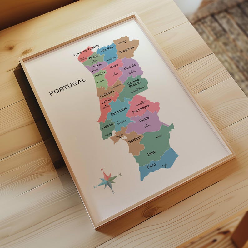 Mapa Portugalii z regionami i miastami Plakat geograficzny Portugalii ...