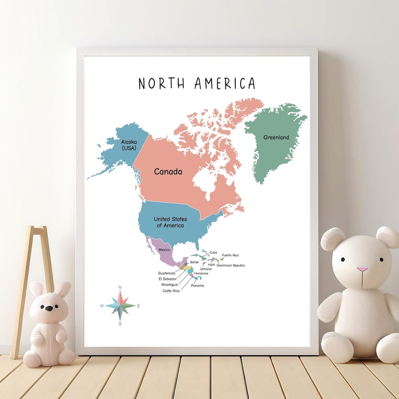 North America Map Poster, Digital North America Map Full Color With ...