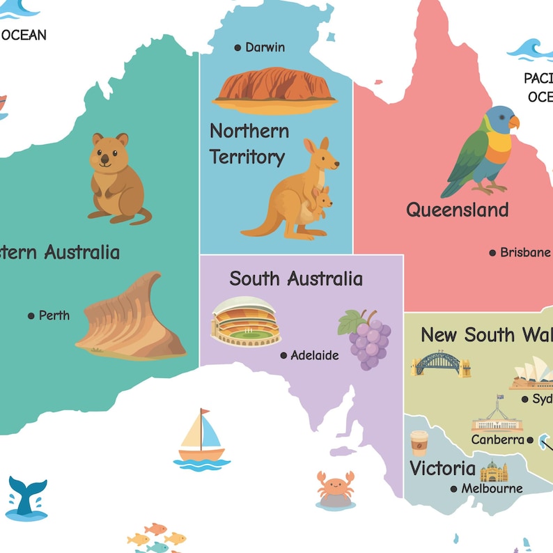 Australia Illustrated Map Printable With States and Capitals Colorful ...