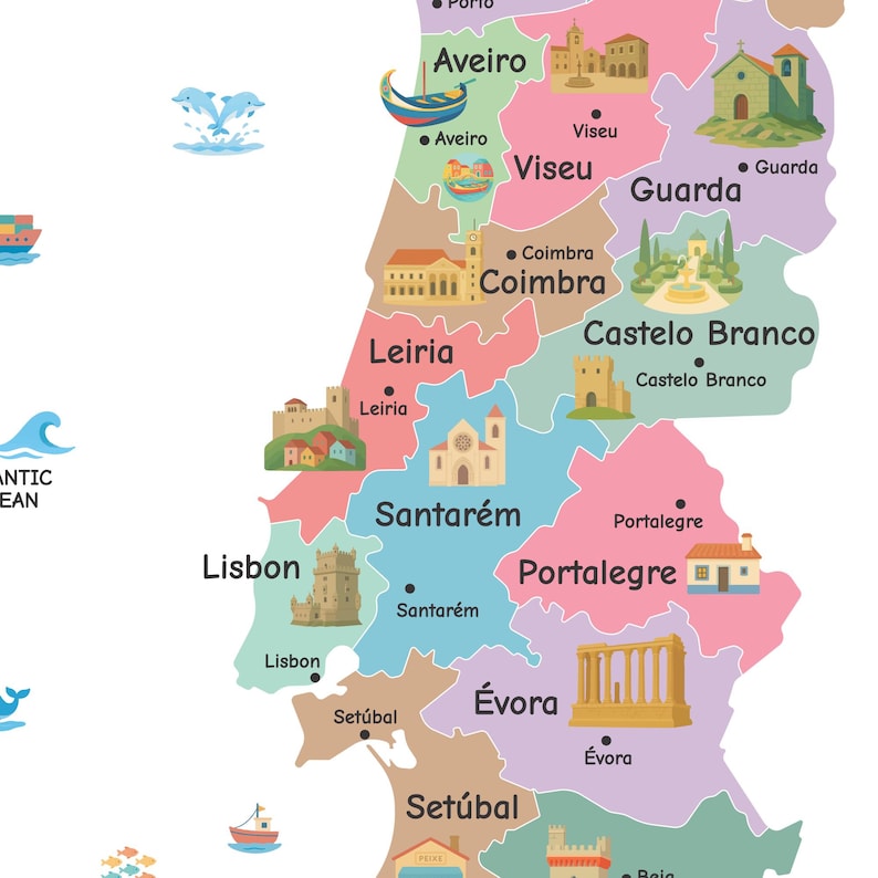 Mapa Portugalii dla dzieci z regionami i stolicami, ilustrowany plakat ...