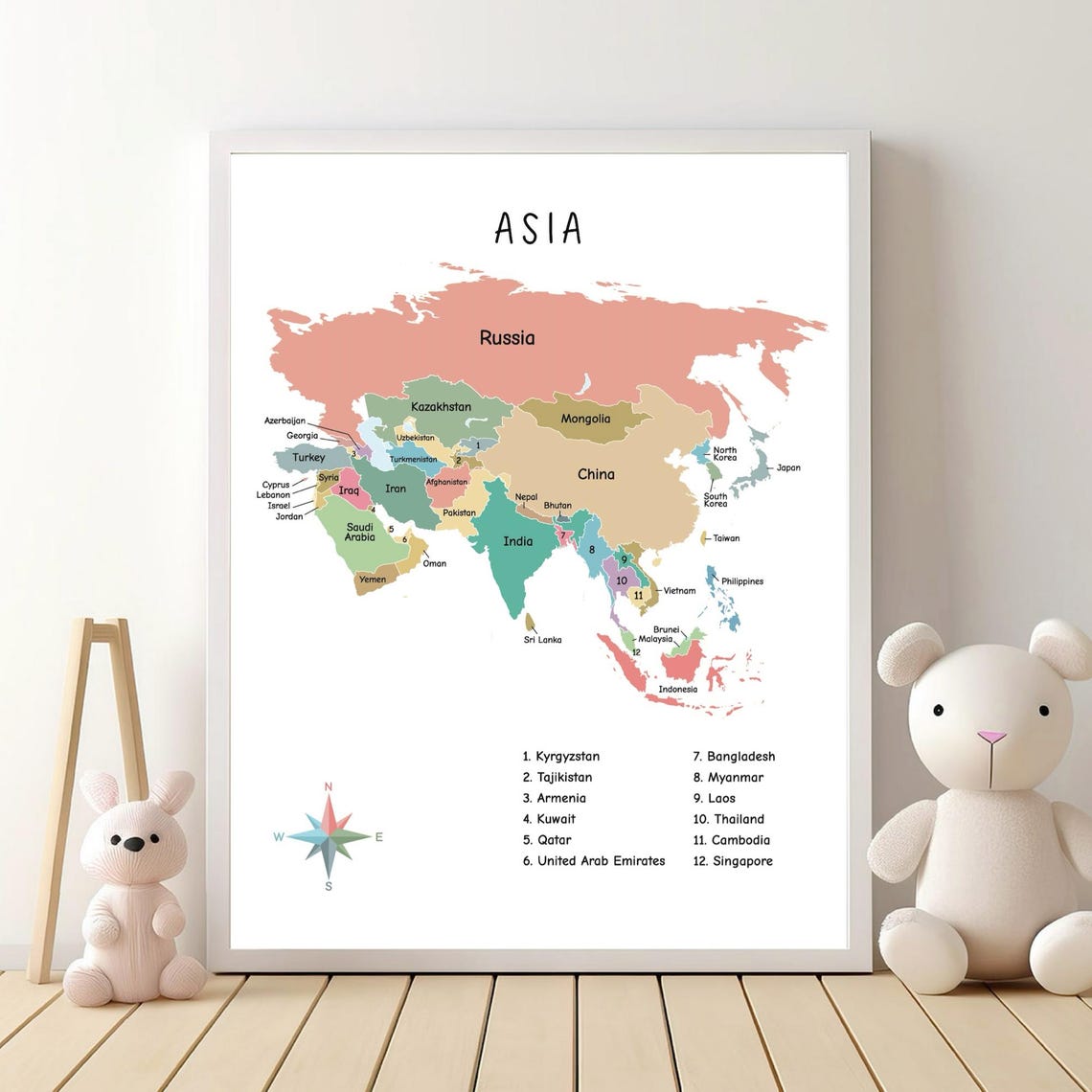 Asia Map Poster, Digital Asia Map Full Color With States Printable ...