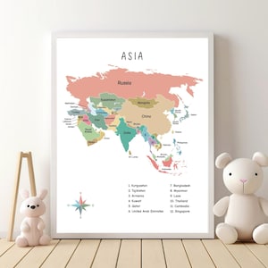 Asia Map Poster, Digital Asia Map Full Color With States Printable ...