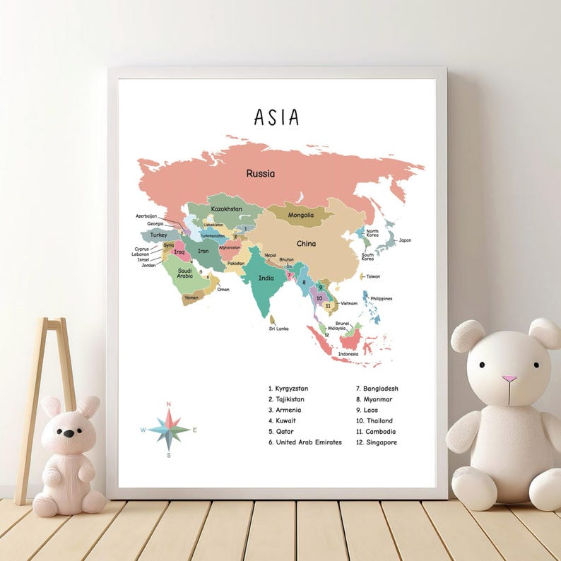 Asia Map Poster, Digital Asia Map Full Color With States Printable ...
