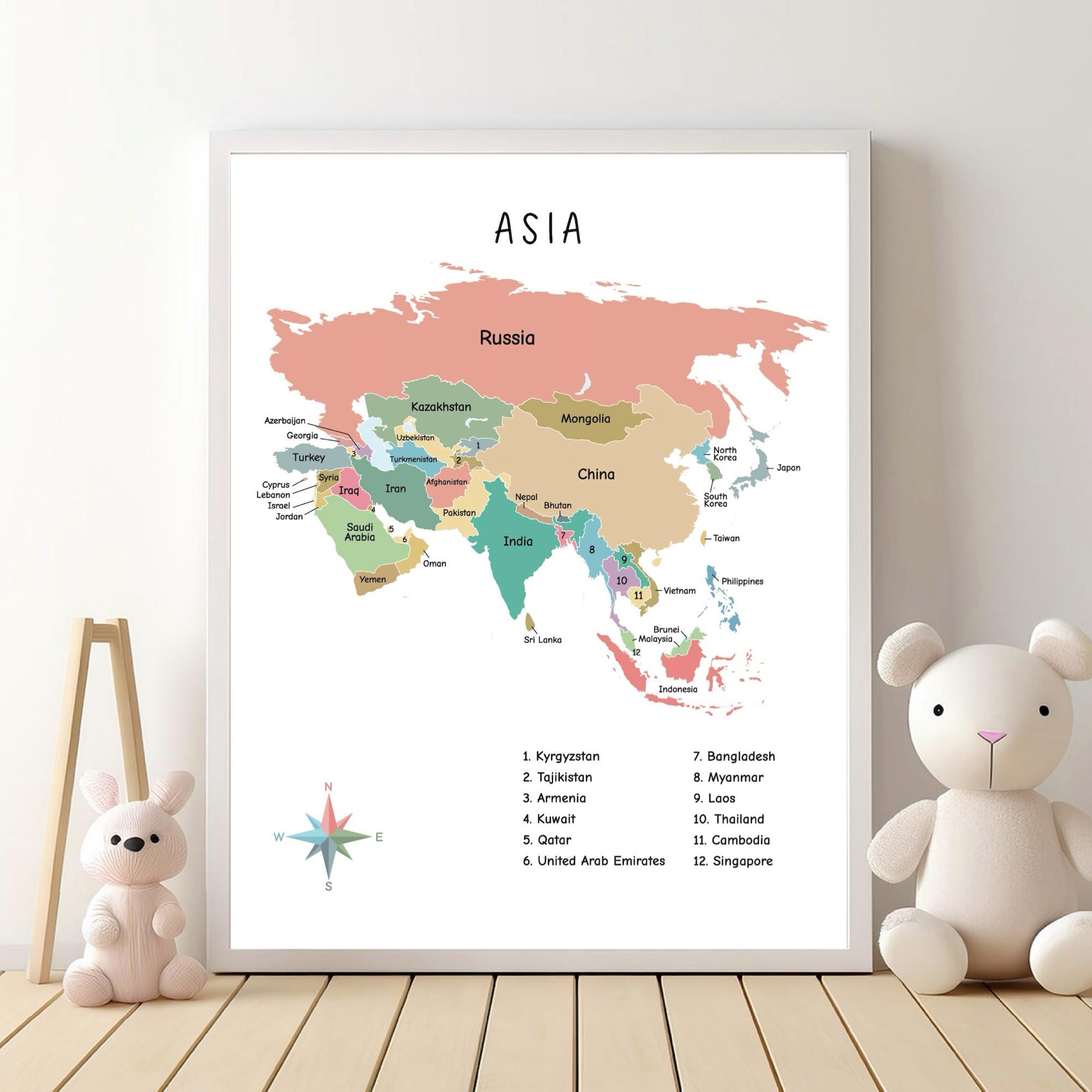 Asia Map Poster, Digital Asia Map Full Color With States Printable ...