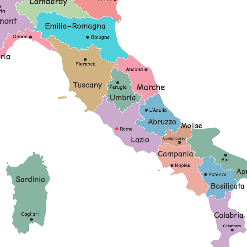 Italy Map With Regions and Capital Cities, Educational Geography Poster ...
