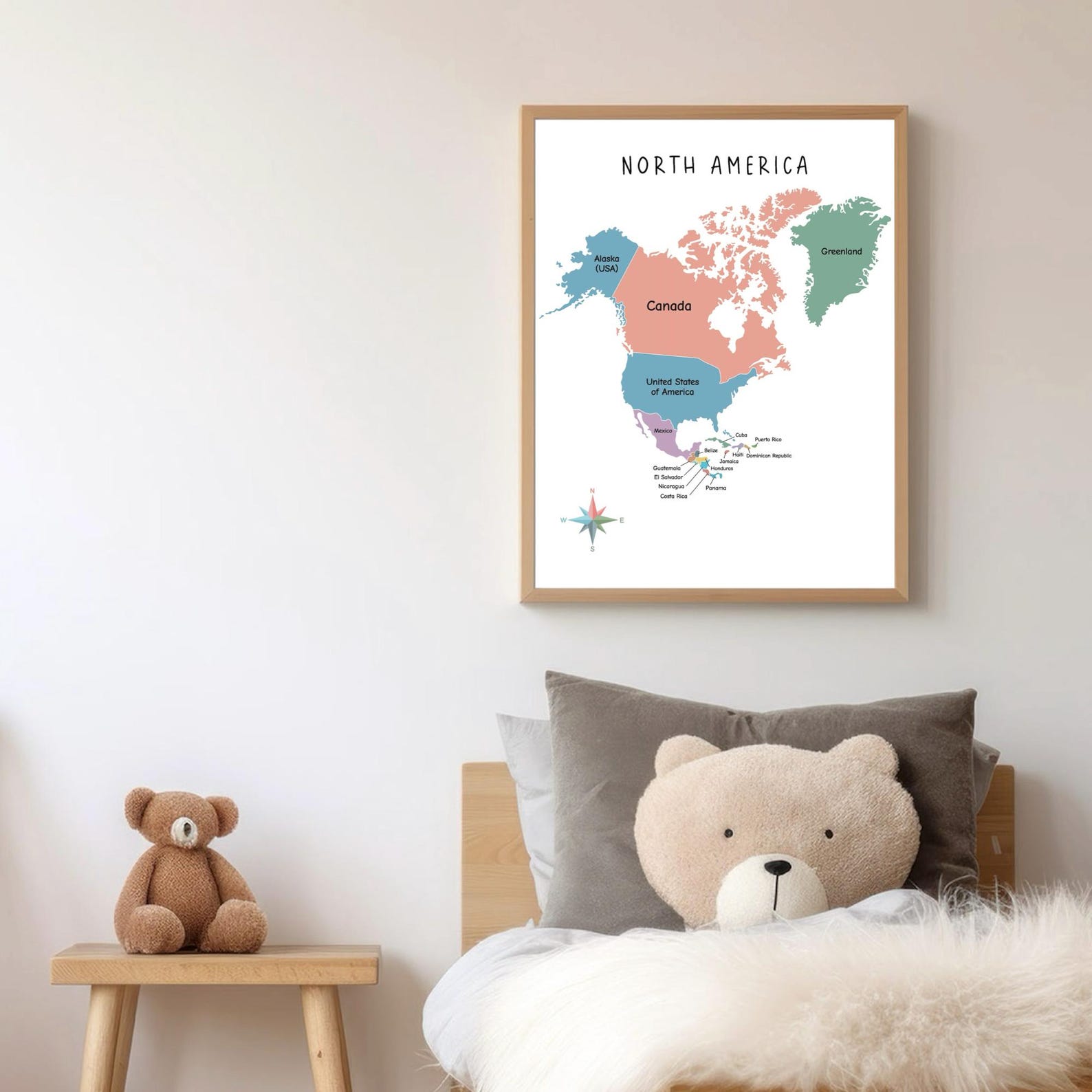 North America Map Poster, Digital North America Map Full Color With ...