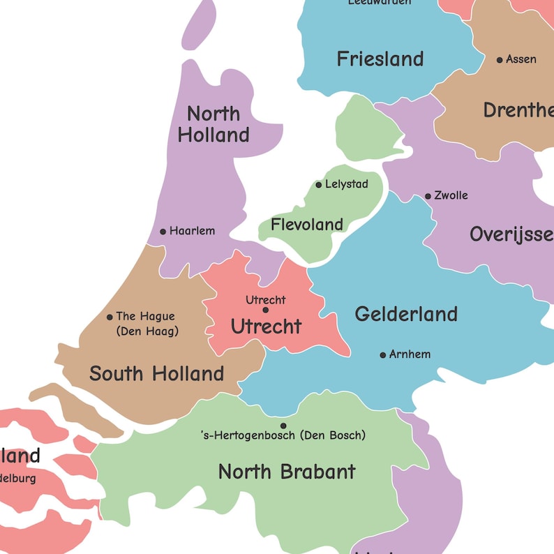 Netherlands Map With Provinces and Major Cities, Colorful Netherlands ...