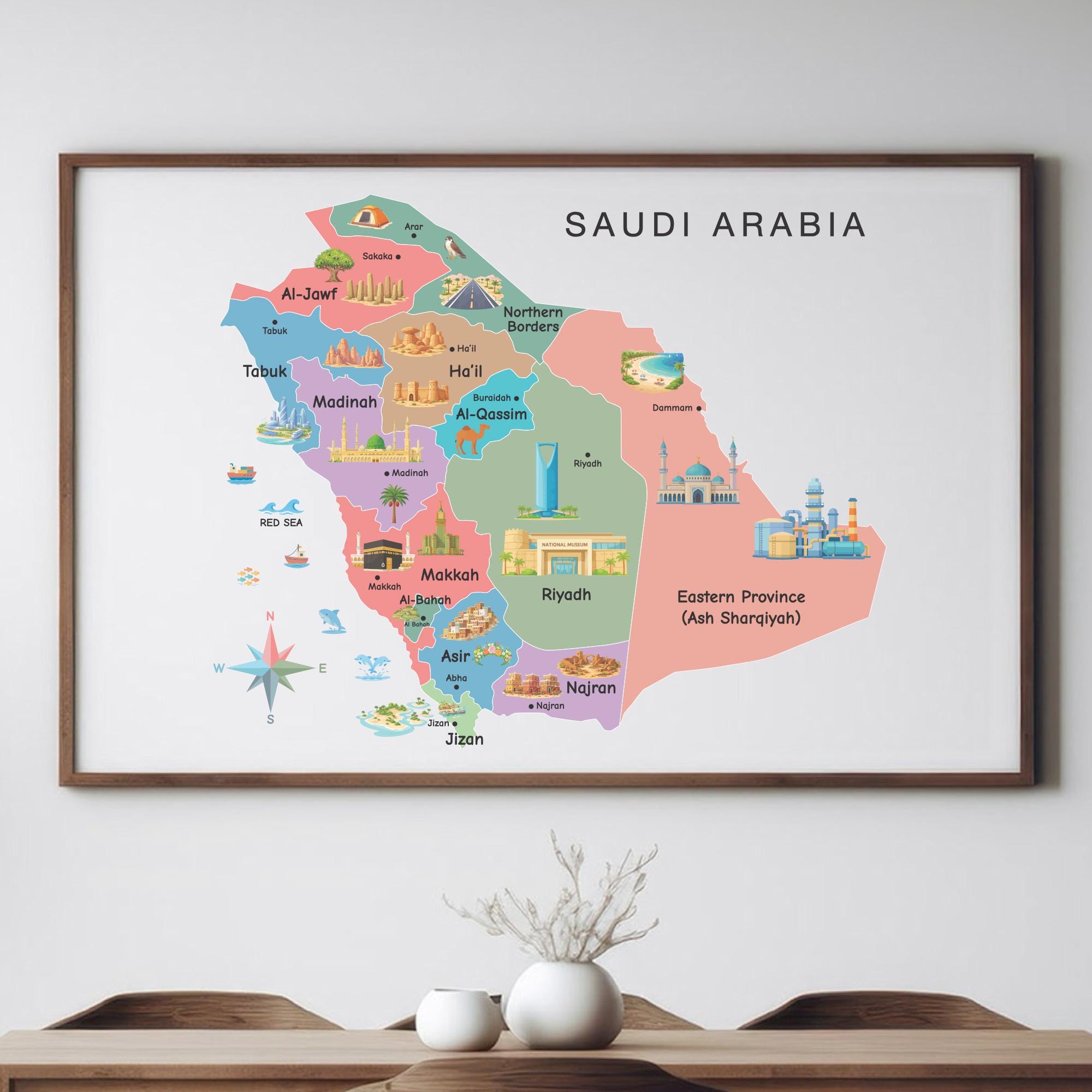 Saudi Arabia Map for Kids With Provinces and Cities, Illustrated Saudi ...