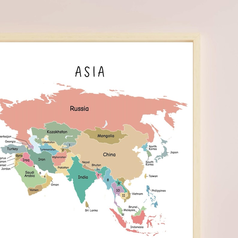 Asia Map Poster, Digital Asia Map Full Color With States Printable ...