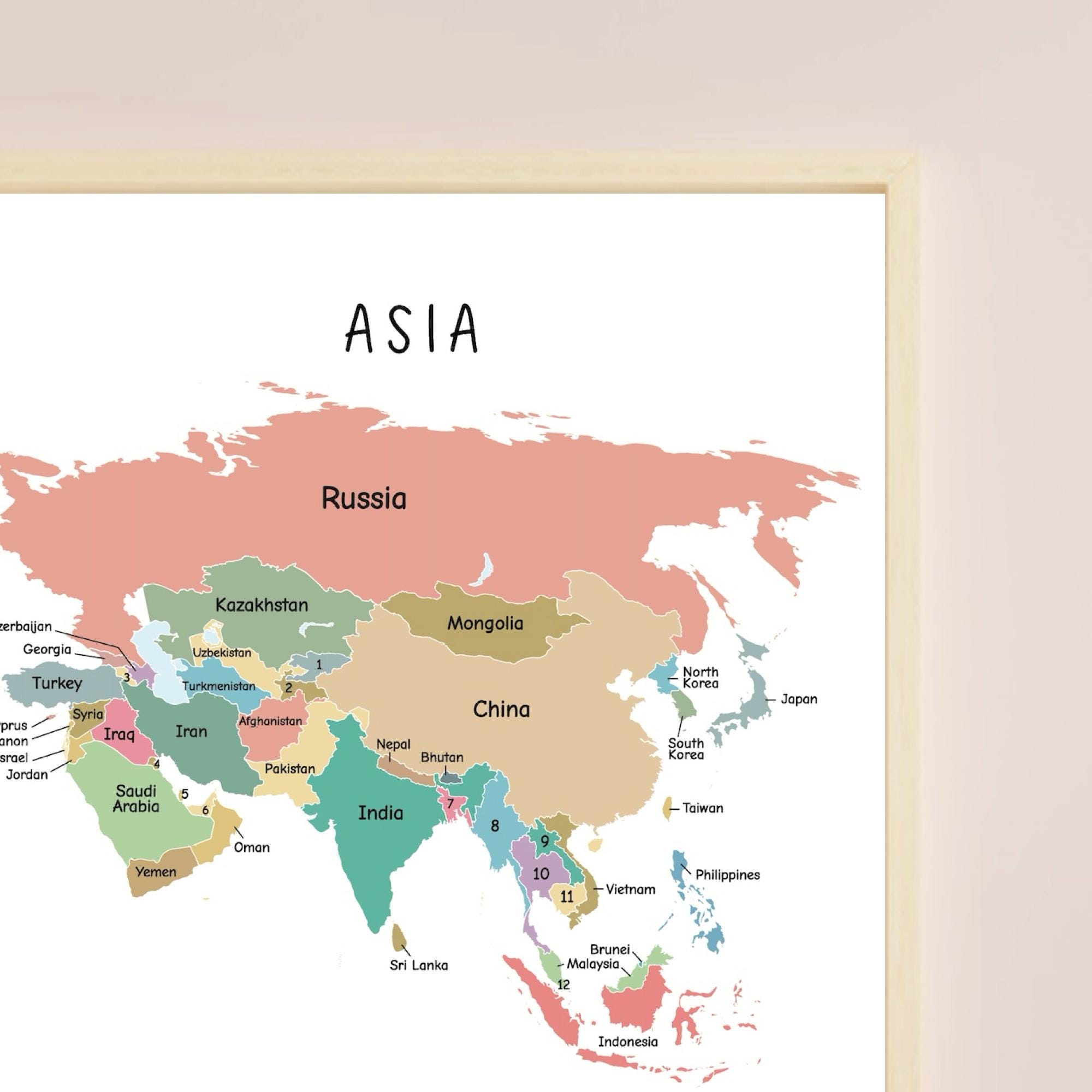Asia Map Poster, Digital Asia Map Full Color With States Printable ...