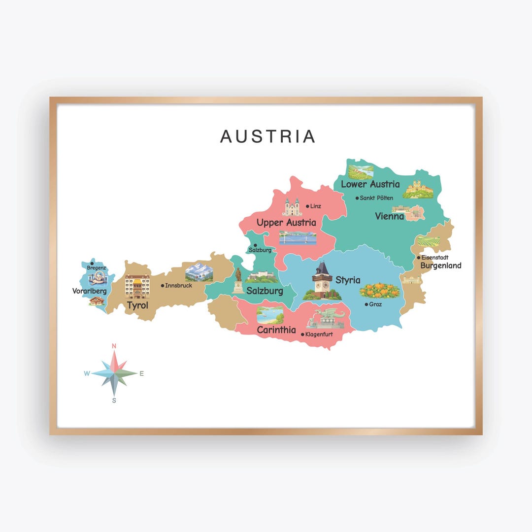 Austria Illustrated Map Printable With States and Capitals Colorful ...