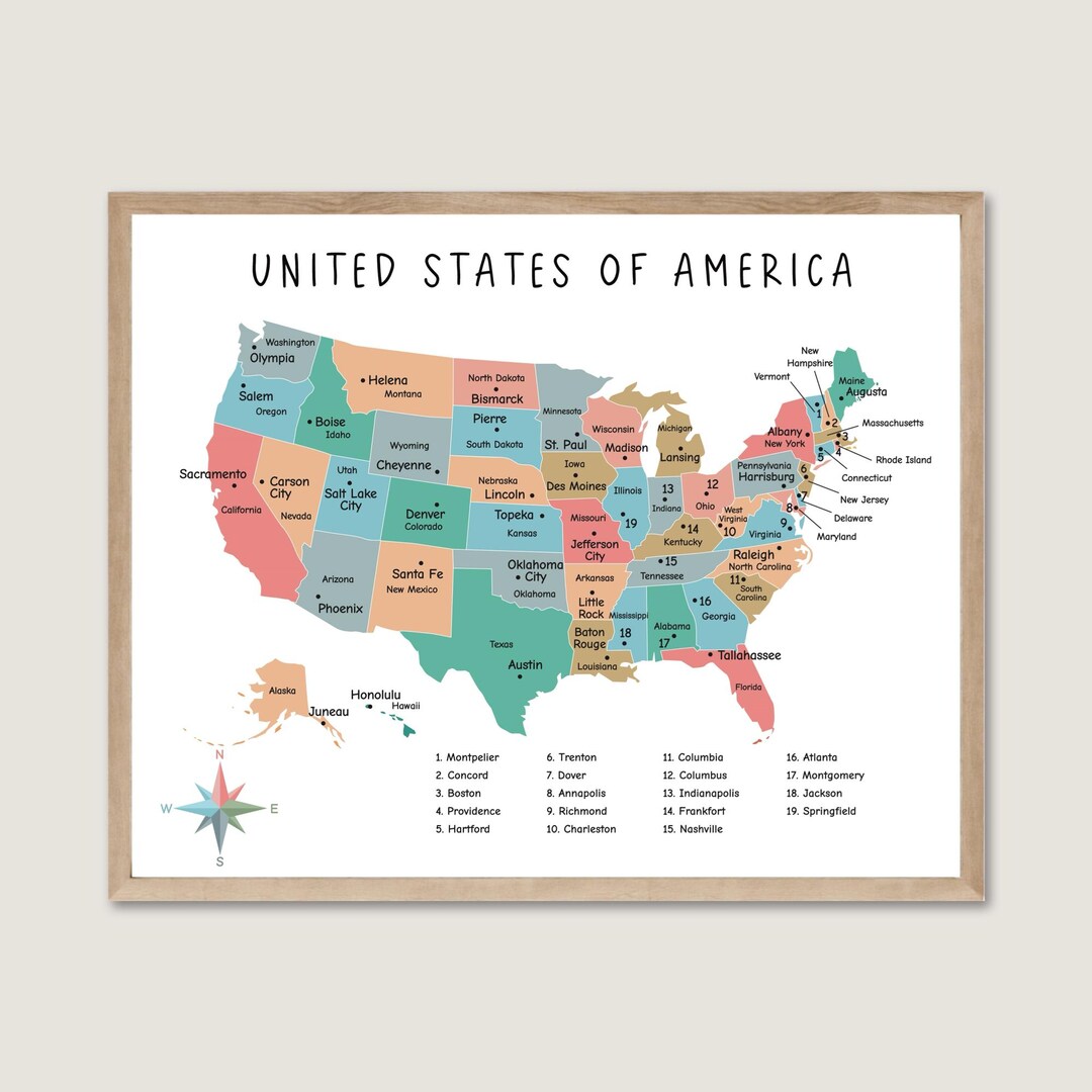United States Map Educational Poster, USA Map Rainbow Color Print ...