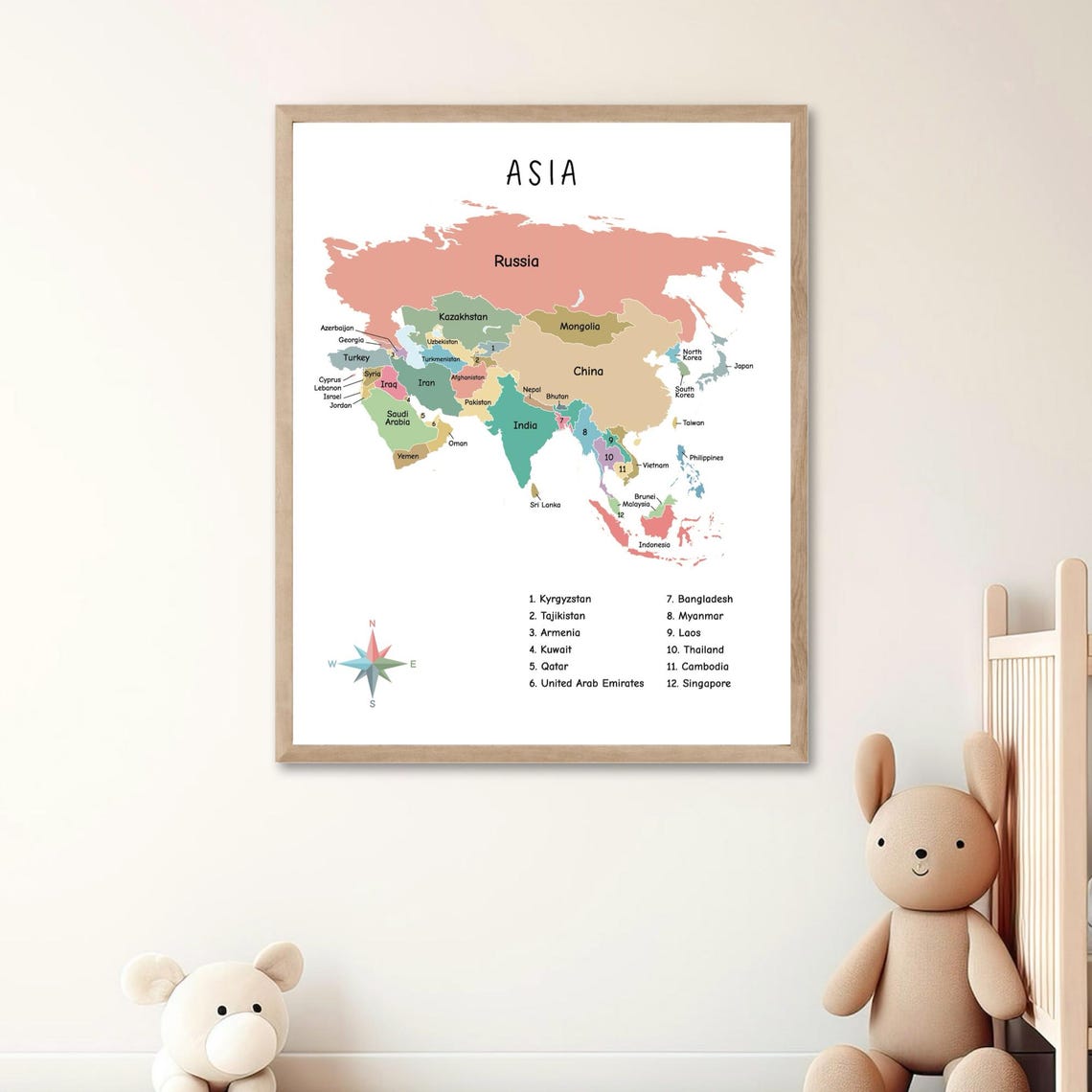 Asia Map Poster, Digital Asia Map Full Color With States Printable ...
