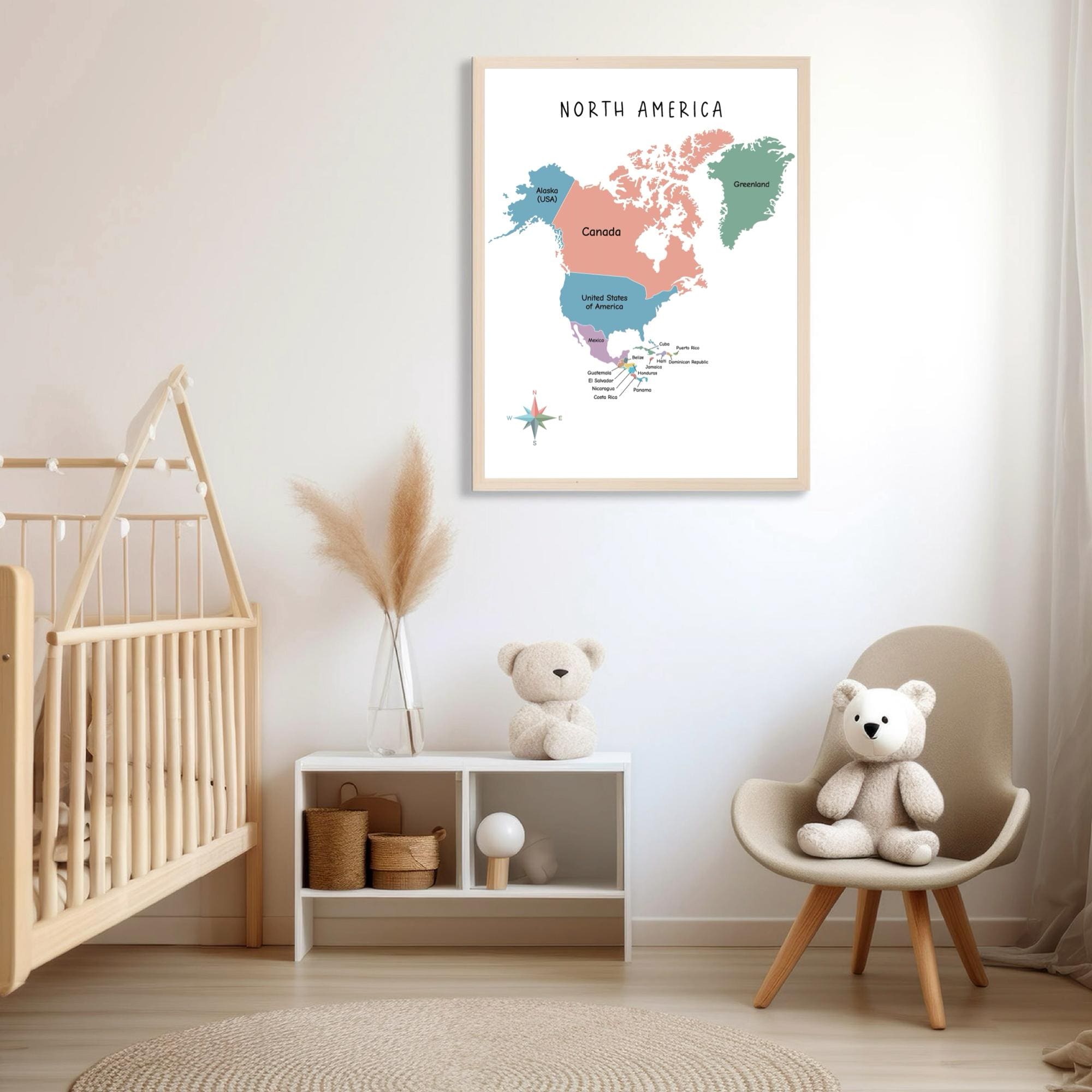 North America Map Poster, Digital North America Map Full Color With ...