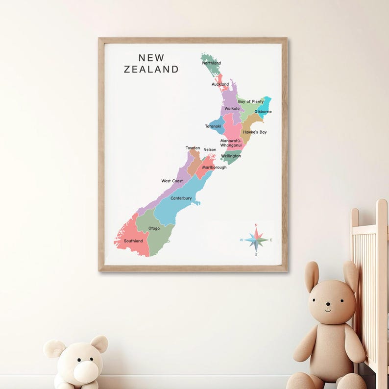 New Zealand Map With Regions, Colorful New Zealand Political Map Poster ...