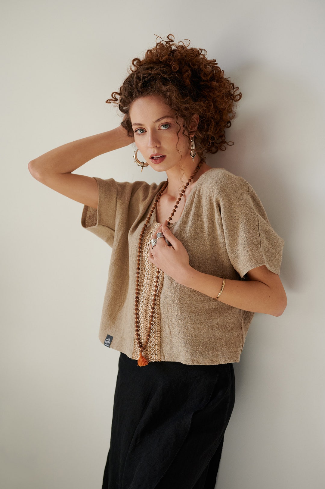 Beige Linen Blouse, Women's Linen Boho Short Sleeve Top, Summer Etno ...