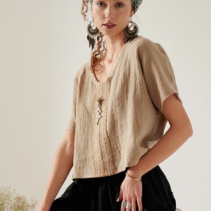 Beige Linen Blouse, Women's Linen Boho Short Sleeve Top, Summer Etno ...