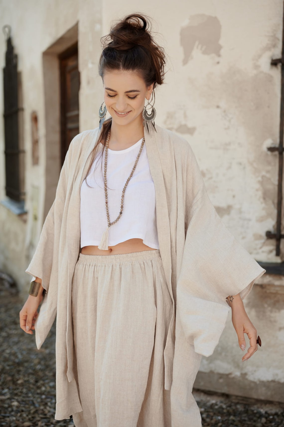 Long Linen Beige Kimono, Kimono With Belt and Pockets, Boho Linen Cape ...