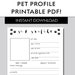 Printable Pet Profile, Pet Bio Print, Dog Biography, Cat Information ...