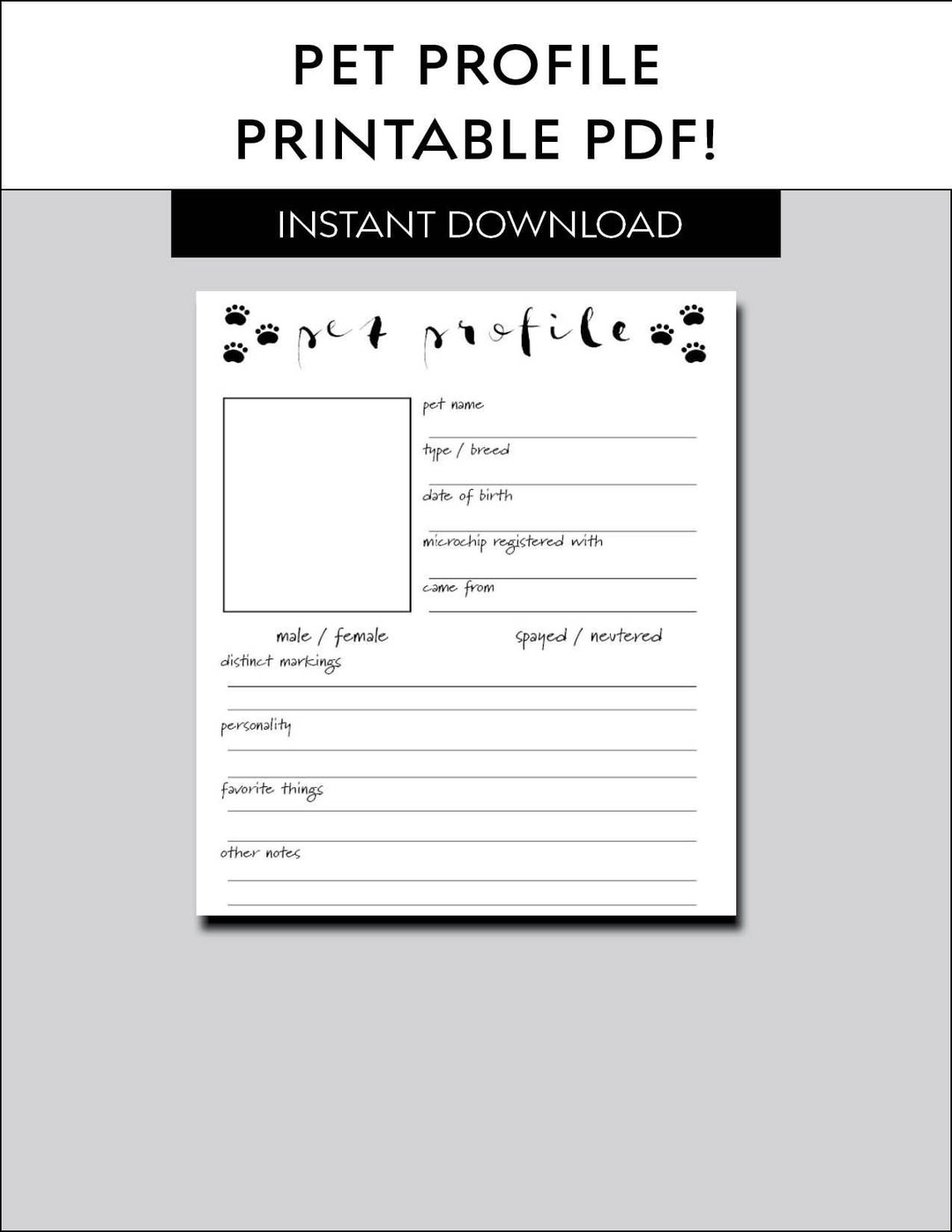 Printable Pet Profile, Pet Bio Print, Dog Biography, Cat Information ...