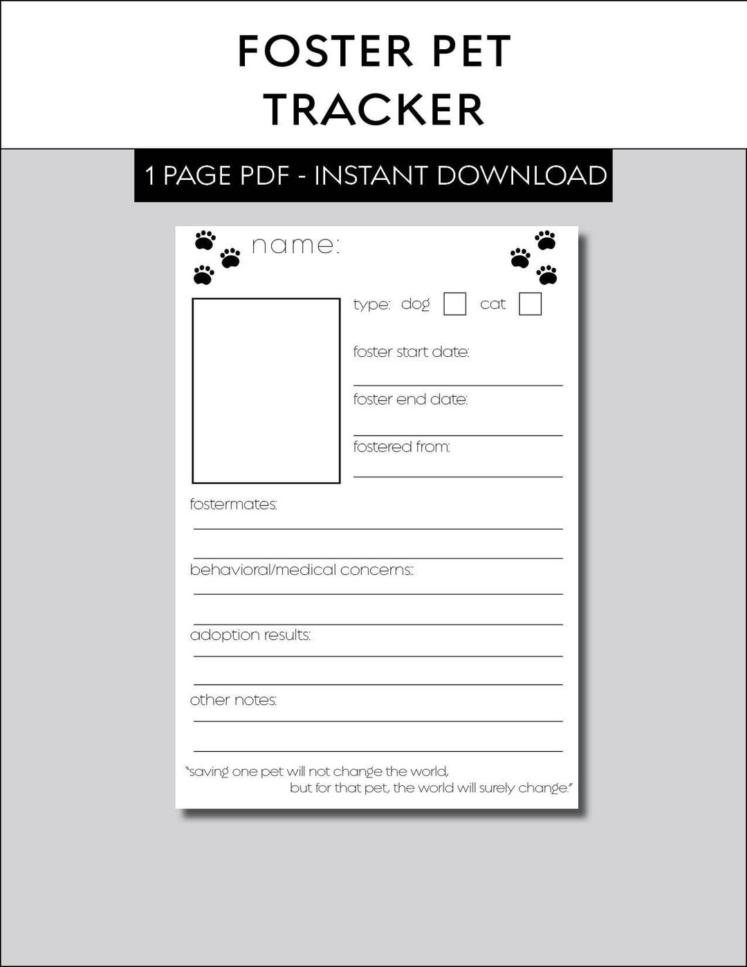 Foster Dog Foster Cat Printable Tracker PDF Pet Profile - Etsy