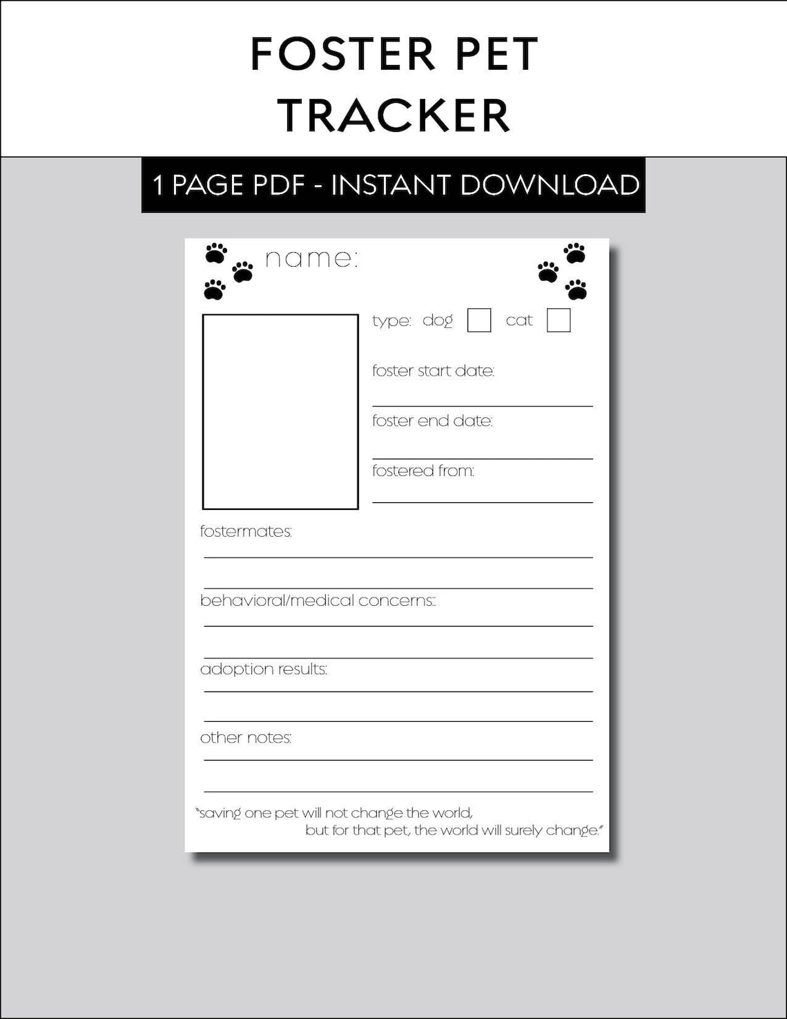 Foster Dog Foster Cat Printable Tracker PDF Pet Profile - Etsy