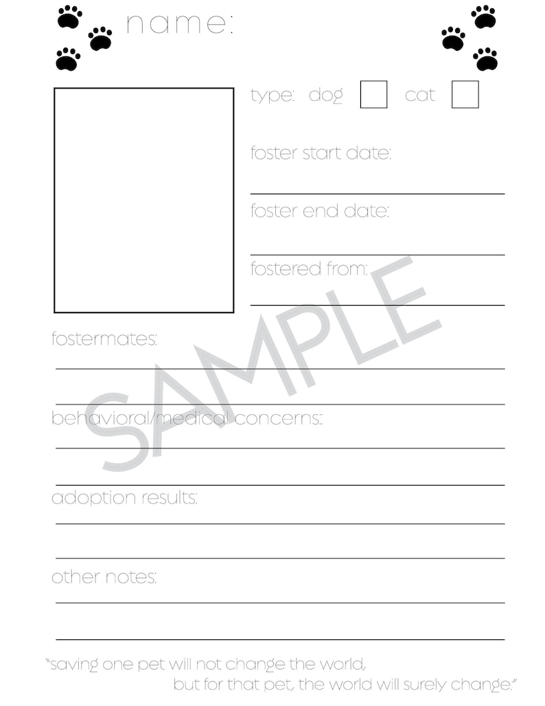 Foster Dog Foster Cat Printable Tracker PDF Pet Profile - Etsy