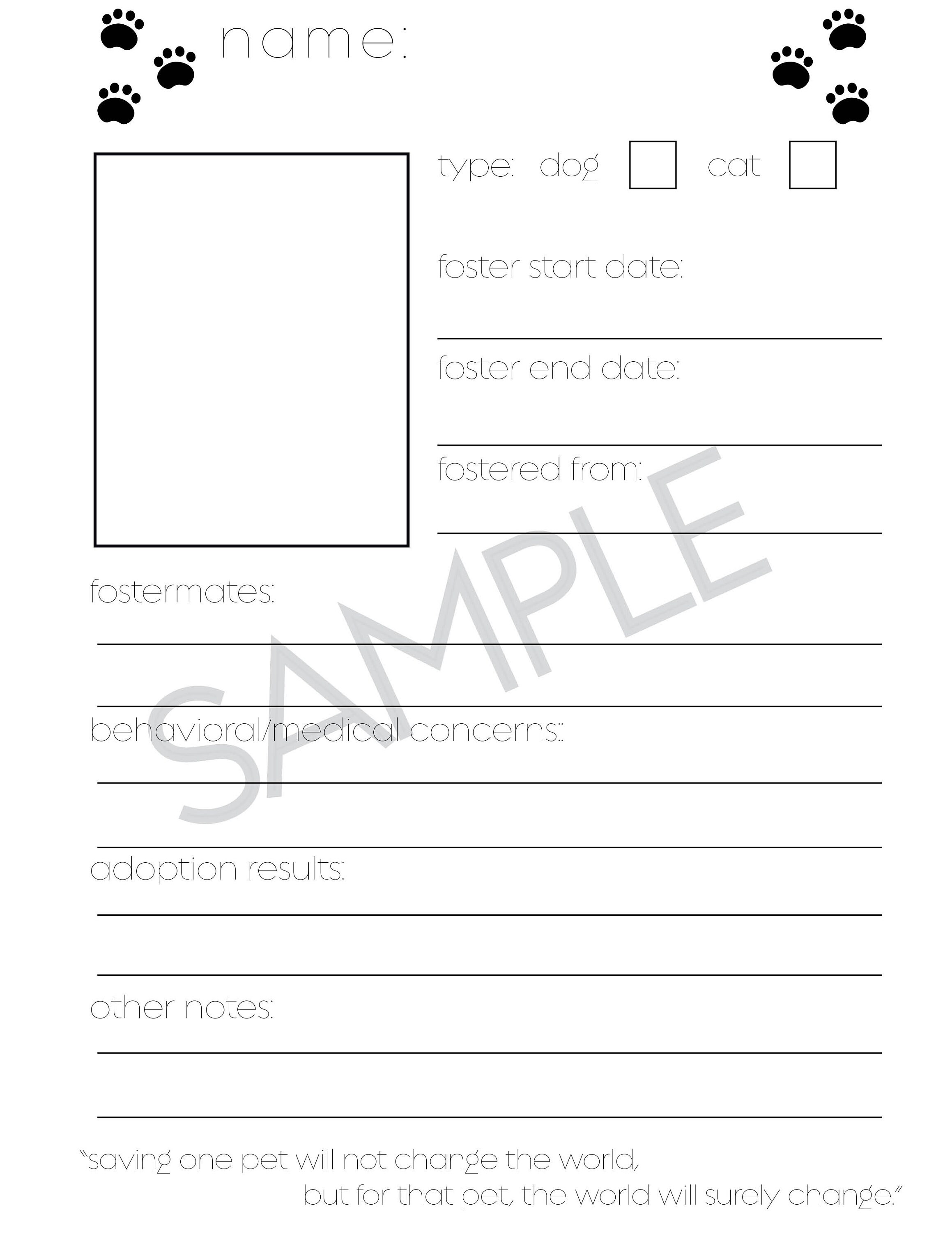 Foster Dog Foster Cat Printable Tracker PDF Pet Profile - Etsy