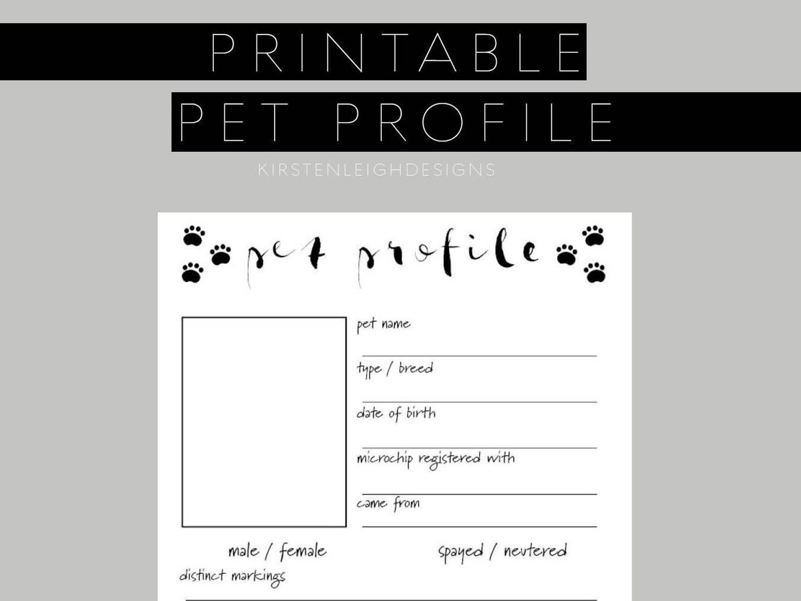 Printable Pet Profile, Pet Bio Print, Dog Biography, Cat Information ...