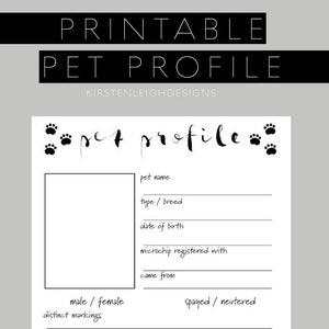 Printable Pet Profile, Pet Bio Print, Dog Biography, Cat Information ...