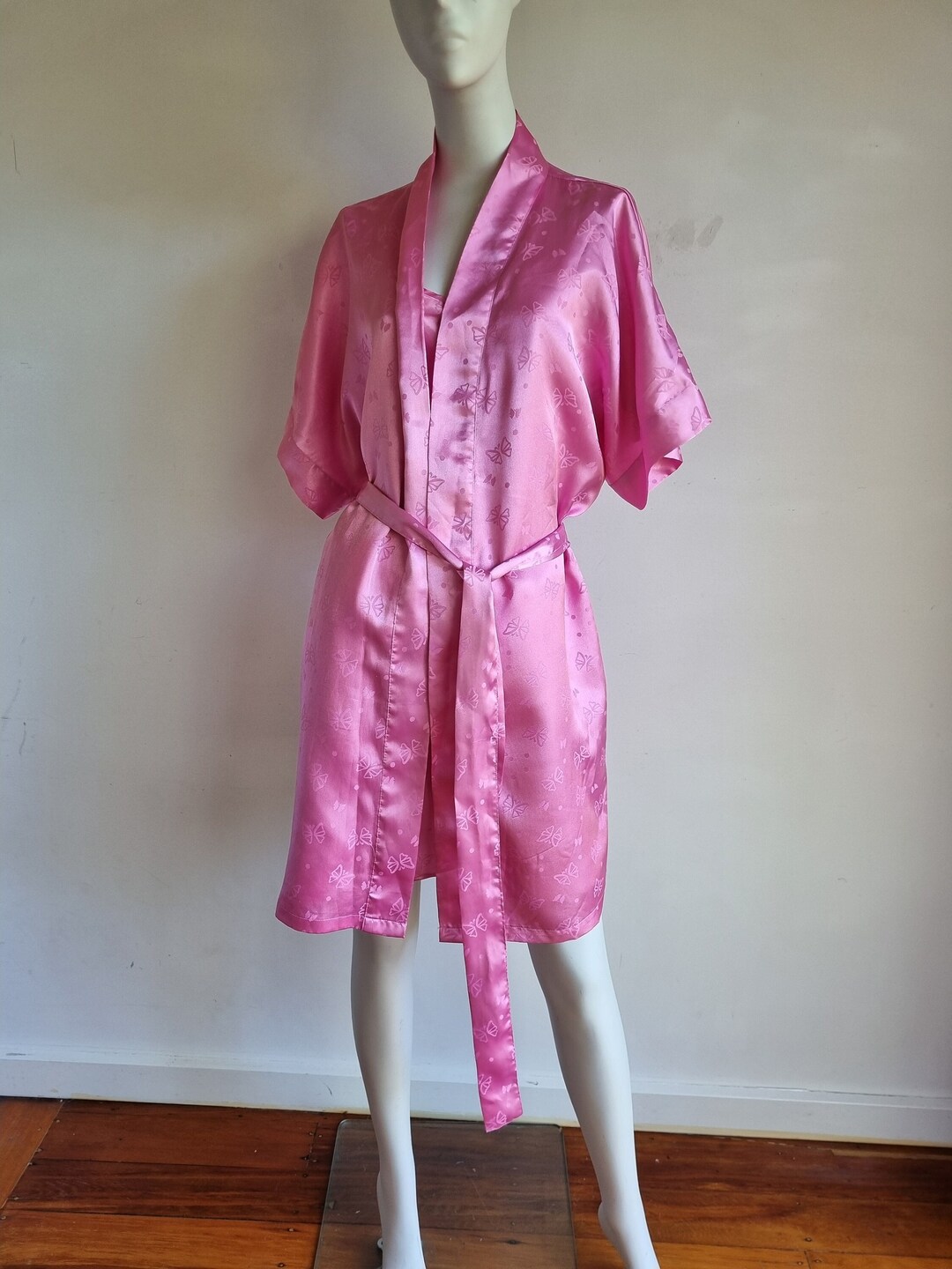 Bright Pink Satin Peignoir / Nightie and Robe Set Nylon Y2K Set in ...