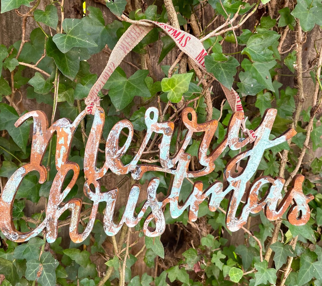 Rust and Patina Merry Christmas Decoration, Rustic Ornament, Handmade ...