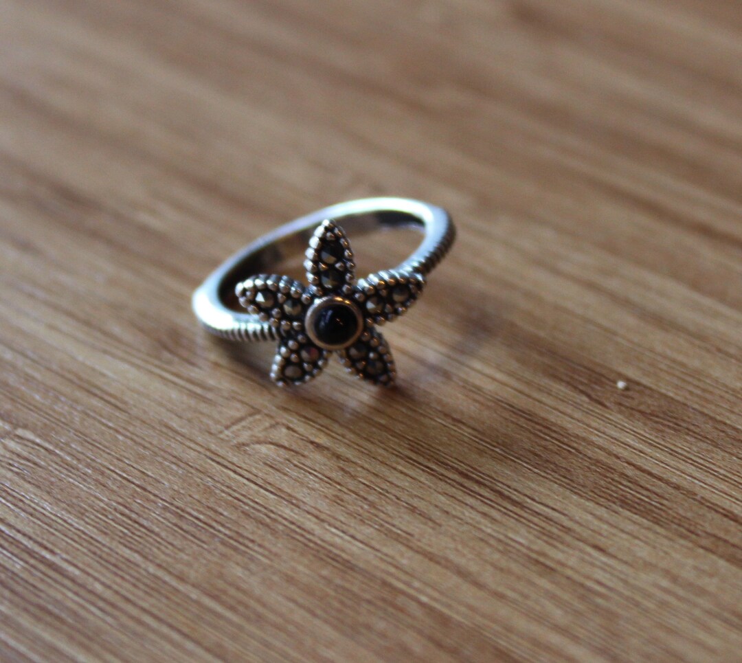 Star Ring Black Jet Stone Sterling Silver With Marcasite Stone,flower ...