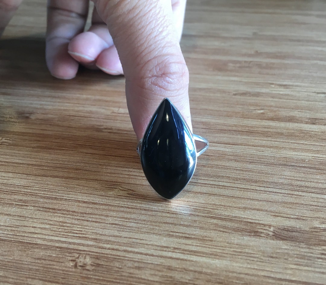 Natural Black Jet Stone Sterling Silver Ring, Vintage Women Ring, Big ...