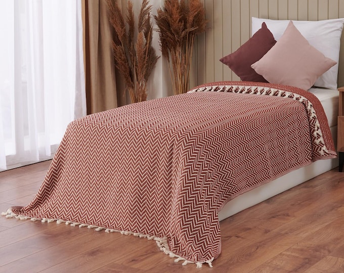 Natural Cotton Woven Bedspread With Tassels, Boho Throw Blanket, Cozy ...