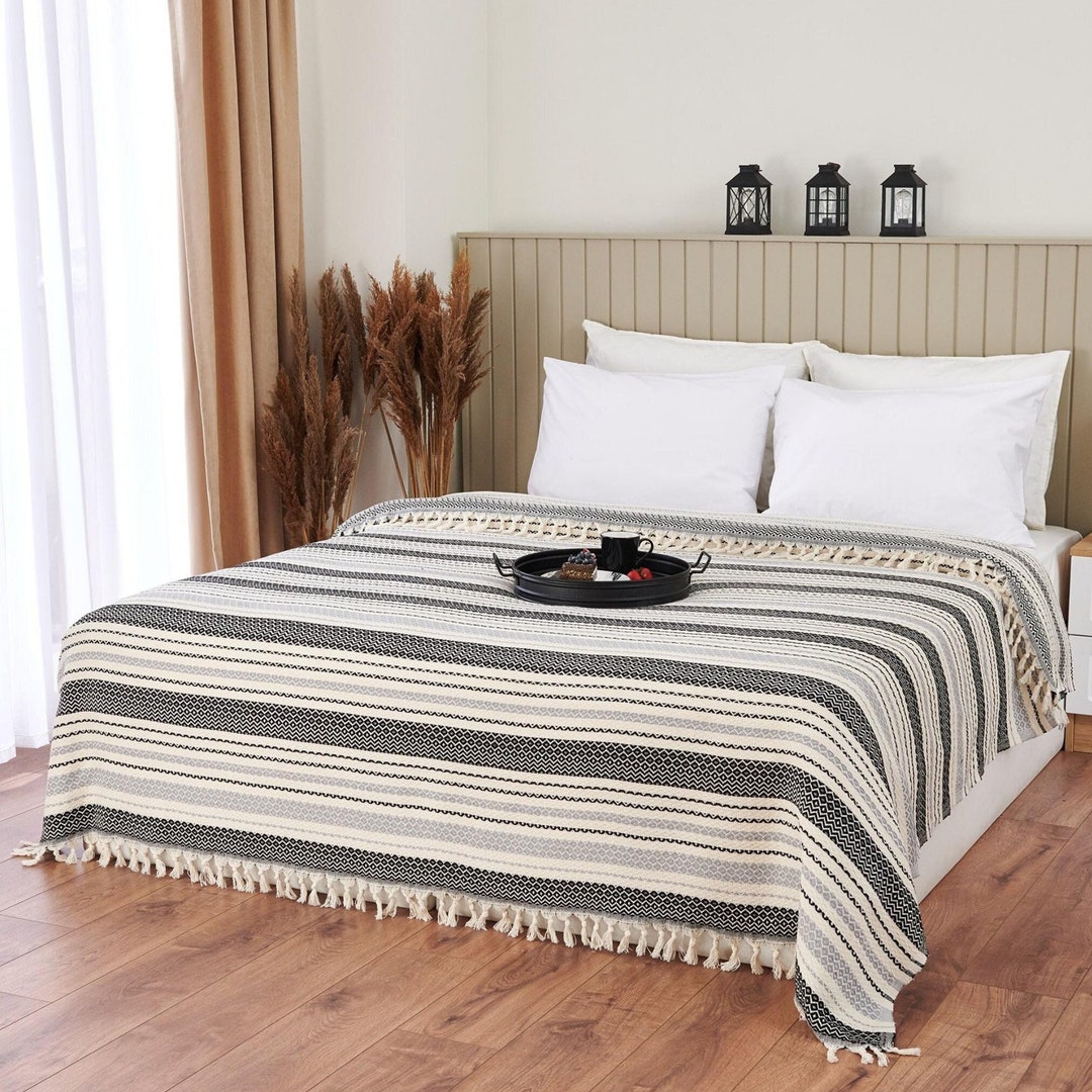 Natural Cotton Woven Bedspread With Tassels Boho Throw - Etsy