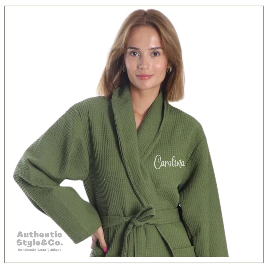 Personalized Natural Cotton Waffle Robe, Custom Embroidery Robe Kimono ...
