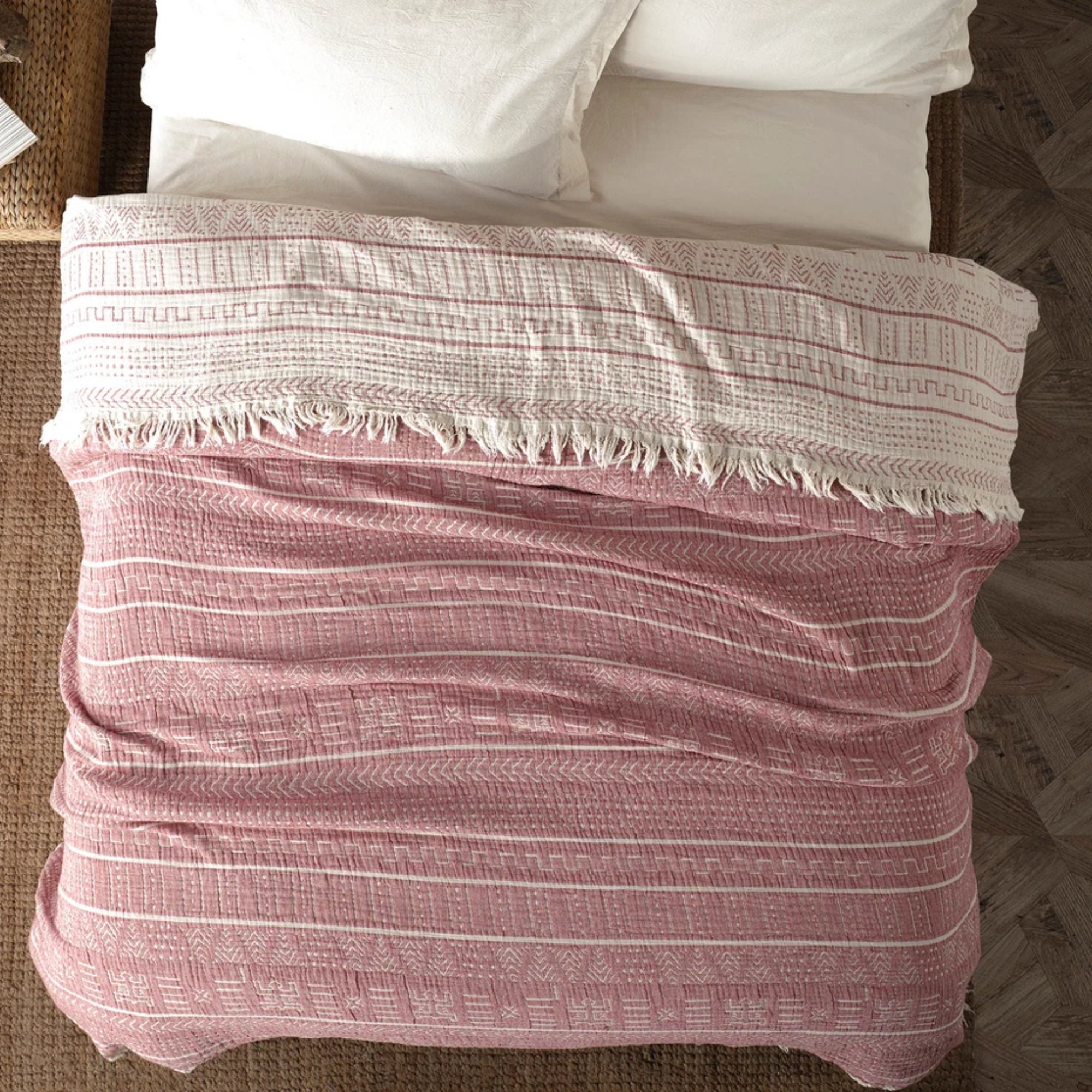 Natural Muslin Cotton Reversible Design Blanket Throw, Boho Woven ...