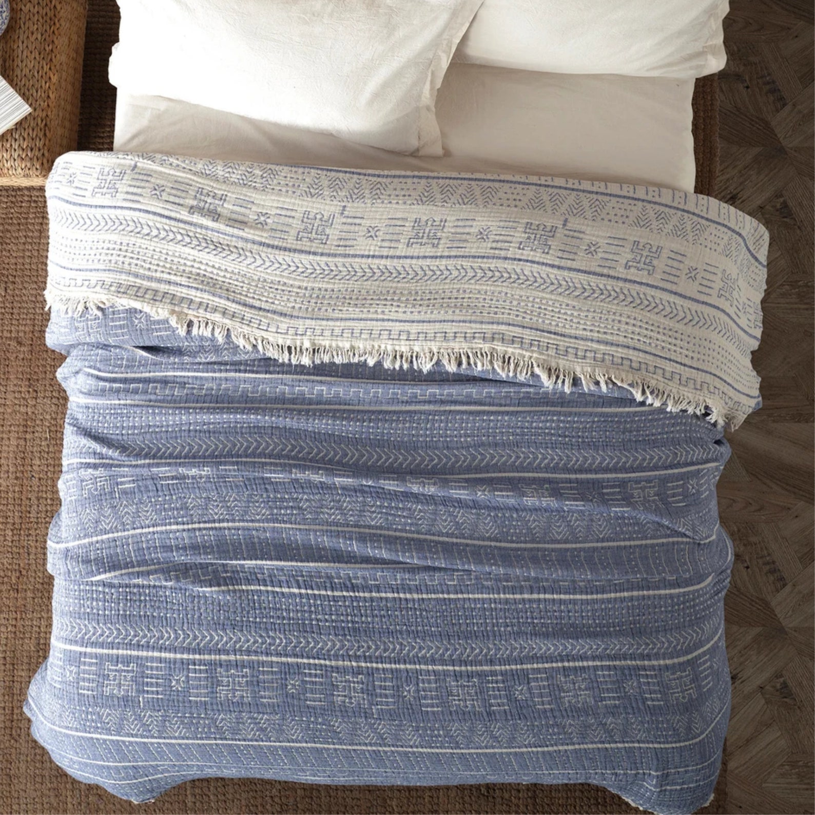 Natural Muslin Cotton Reversible Design Blanket Throw, Boho Woven ...