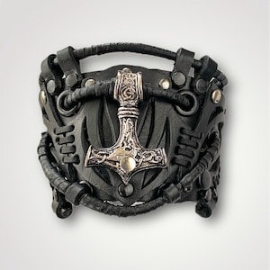 Thor Hammer Black Leather Bracelet, Thor Mjolnir Geniune Leather Cuff ...