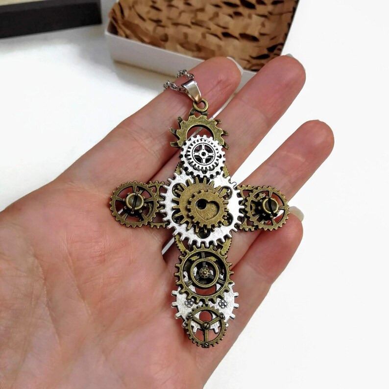 Large Steampunk Cross Necklace Clockwork Gear Cross Pendant | Etsy