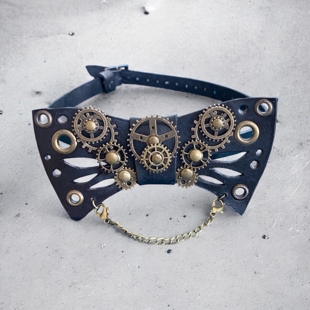 Black Bronze Steampunk Leather Bow Tie, Adjustable Vintage Clockwork ...