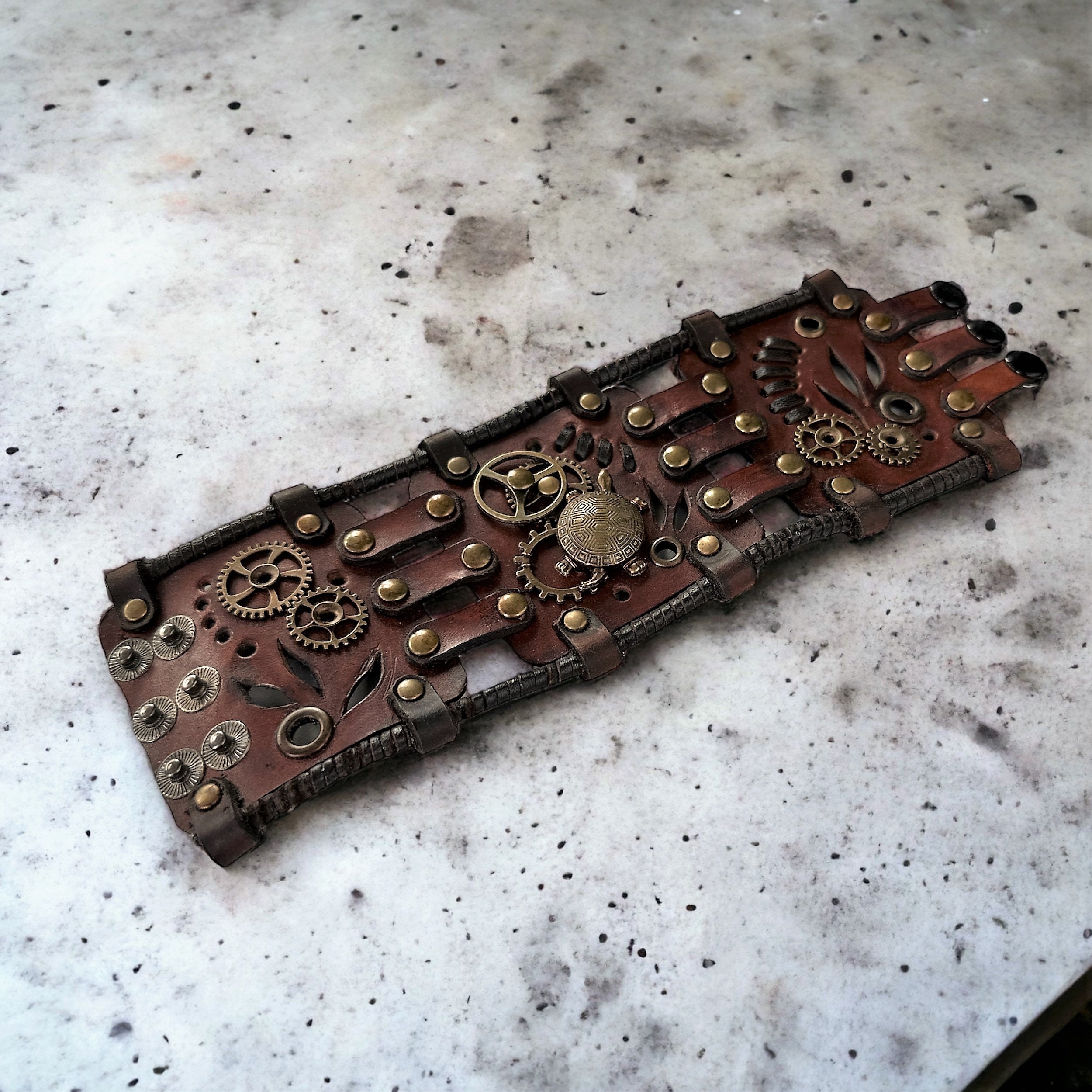 Wide Brown Turtle Steampunk Leather Bracelet, Men's Bronze Gothic ...