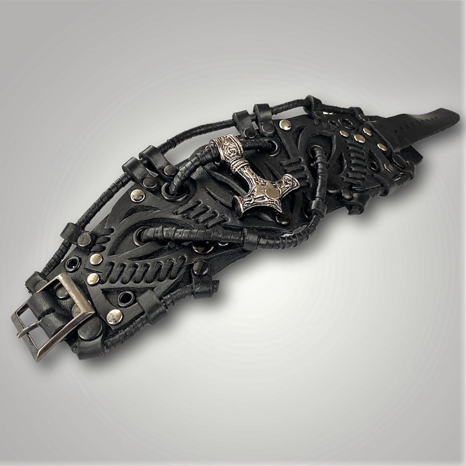 Thor Hammer Black Leather Bracelet, Thor Mjolnir Geniune Leather Cuff ...