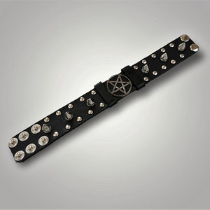 Black Spiked Leather Bracelet With Inverted Pentagram, Adjustable Punk ...